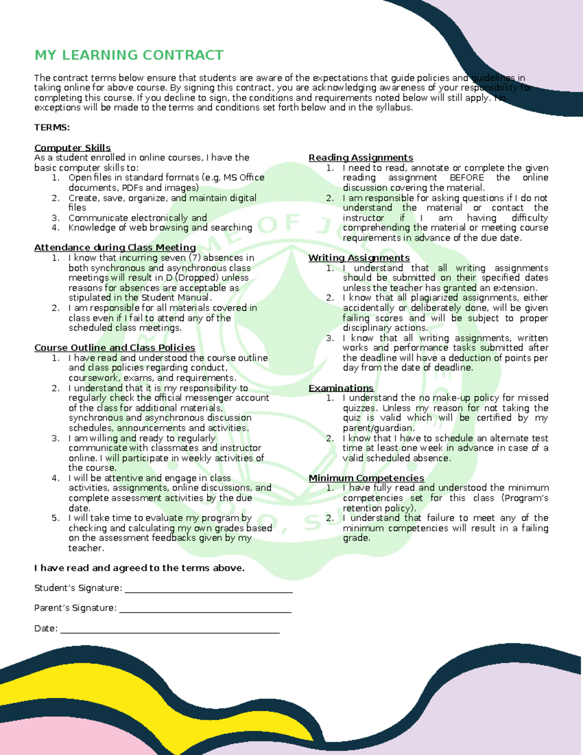 LEARN 101 - My Learning Contract & Guidelines for Online Courses - Studocu