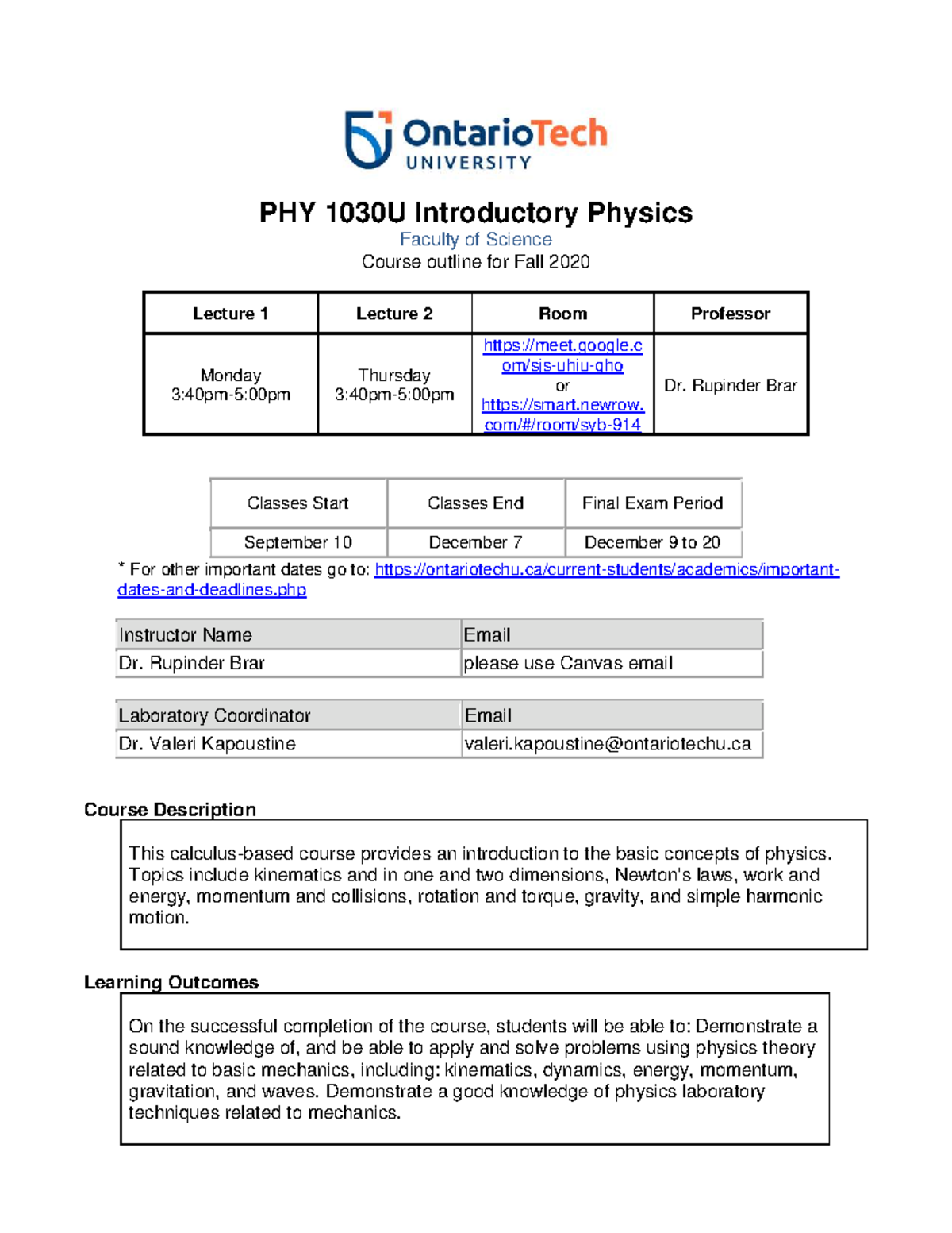 PHY 1030U Introductory Physics Course Outline - Fall 2020 - Studocu
