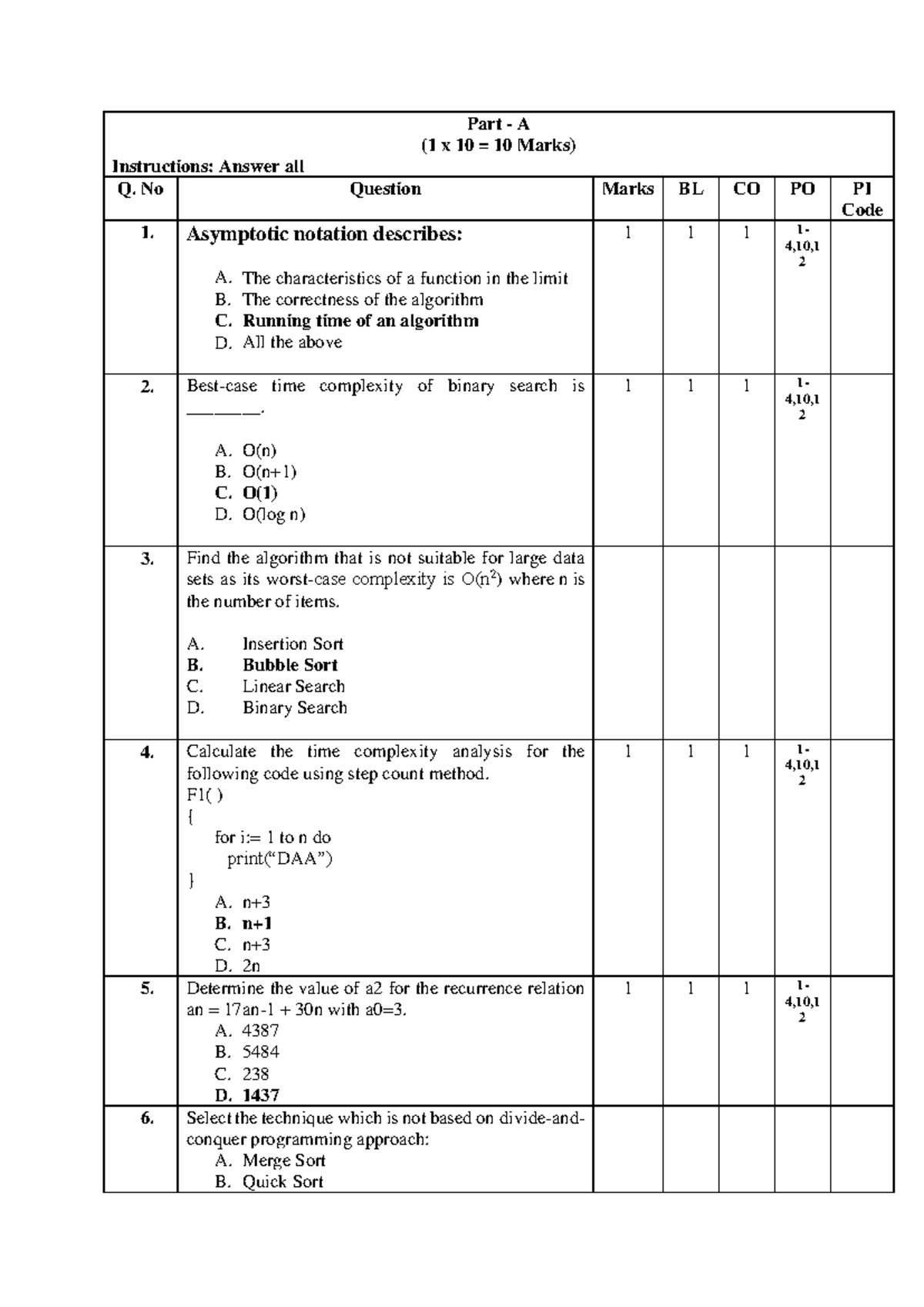 SET B DAA CT1 QP-key - Question paper - Part - A (1 x 10 = 10 Marks ...
