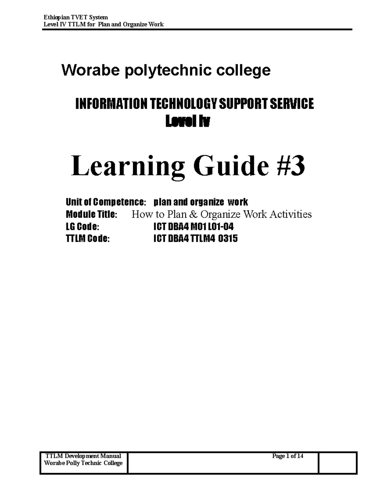 **510970595 Final Exam TTLM Learning Guide: Work Planning & Monitoring ...