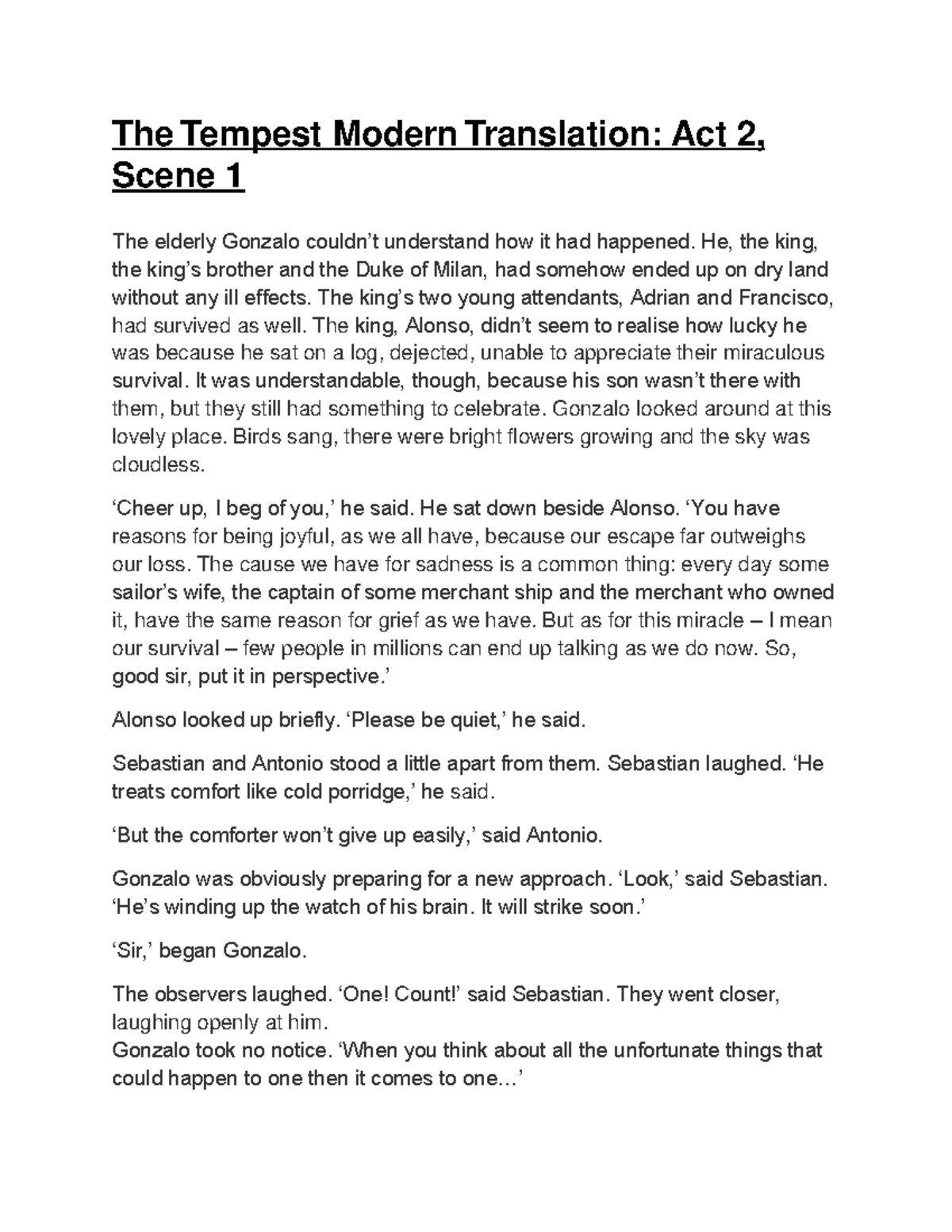 Modern Translation of The Tempest: Act 2, Scene 1 Analysis - Studocu