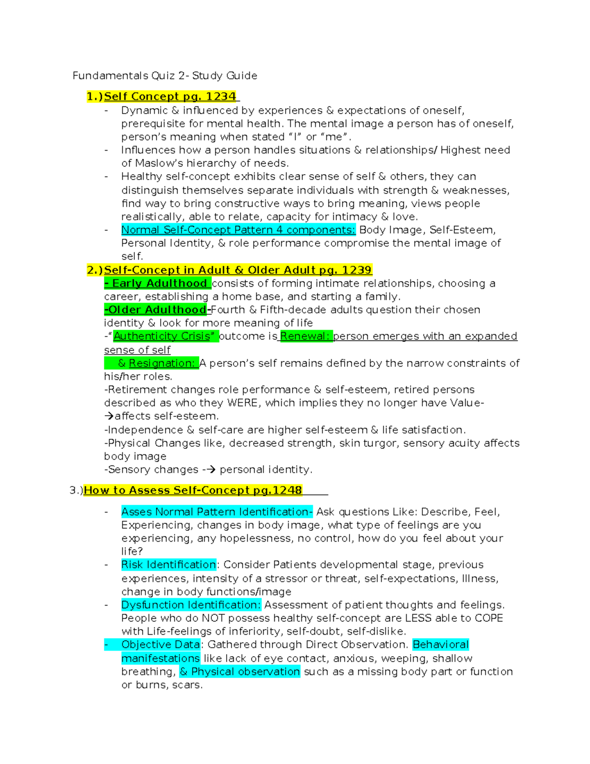 Fundamentals Quiz 2 - Self-Concept & Nursing Interventions Study Guide ...