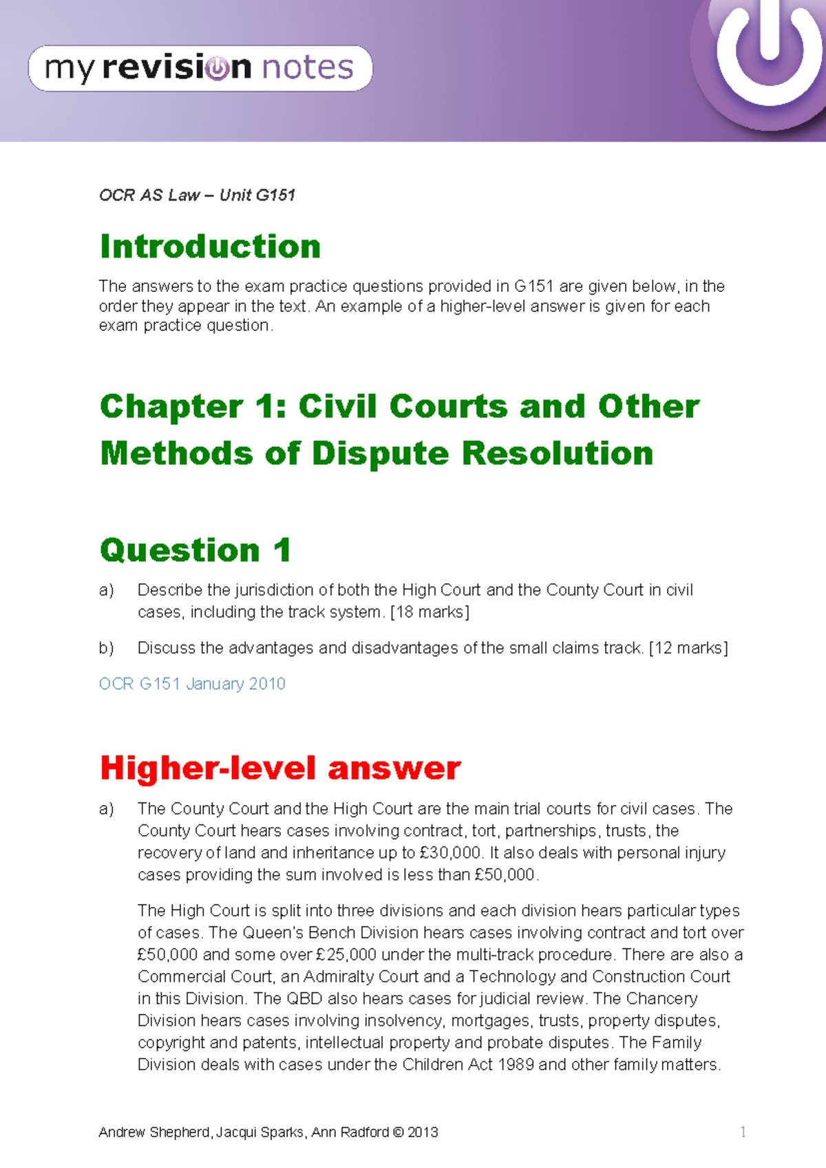 Exam Practice Answers for AS Law G151: Key Topics & Higher-Level ...