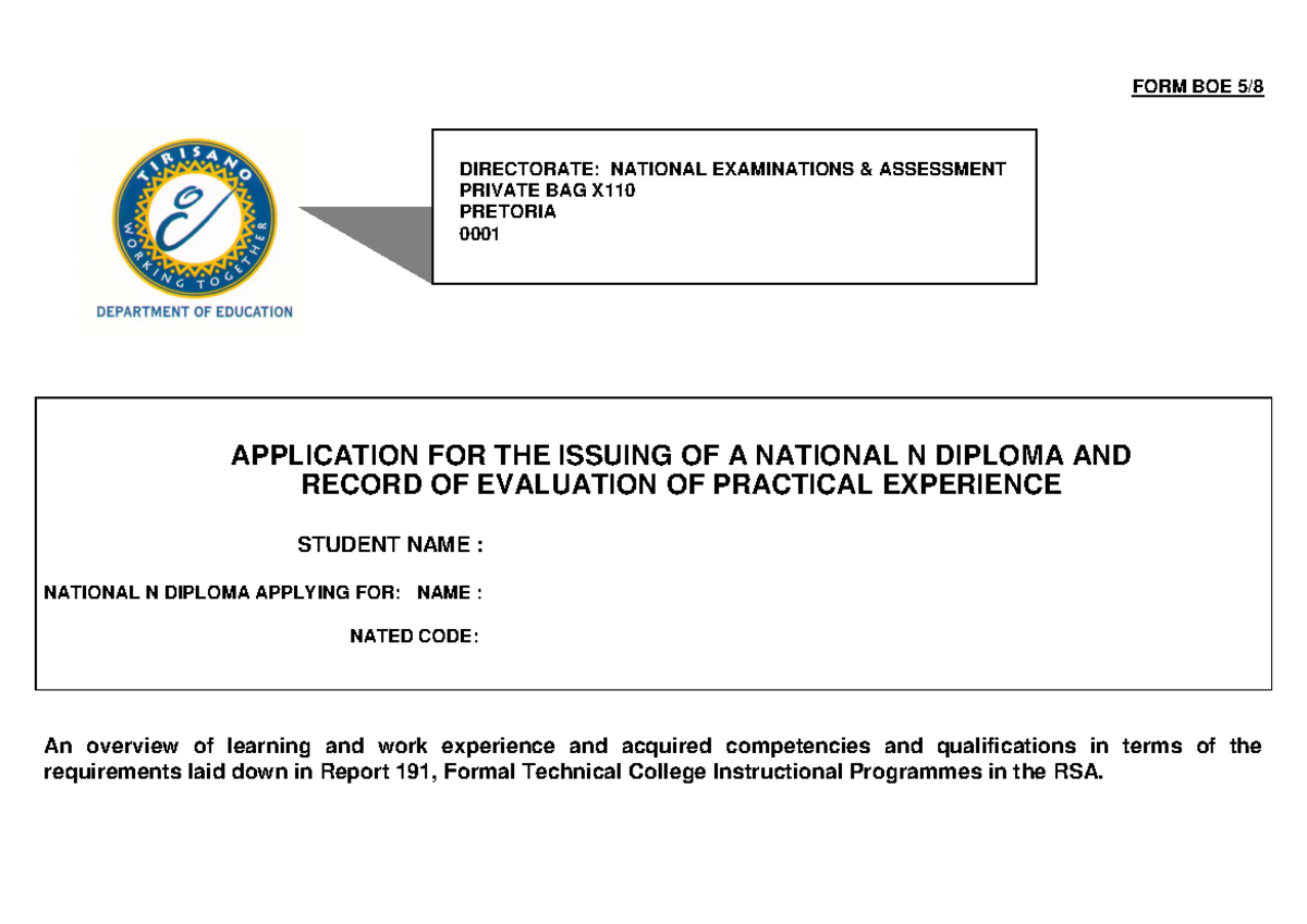 DHET National Diploma Application FORM - FORM BOE 5/ APPLICATION FOR THE ISSUING OF A NATIONAL N ...