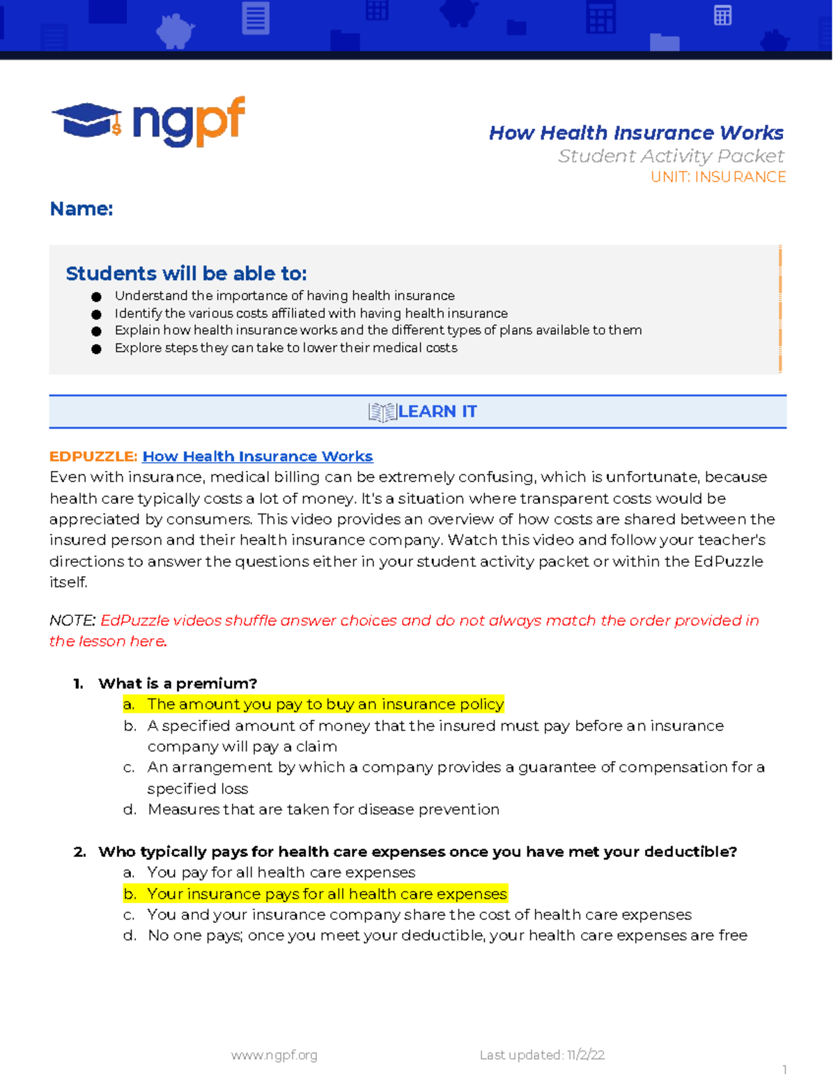 How Health Insurance Works: Student Activity Packet (Unit: Insurance ...