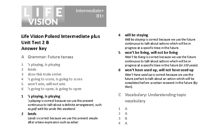 Life Vision Poland Intermediate Plus Unit Test 2B Answer Key - Studocu