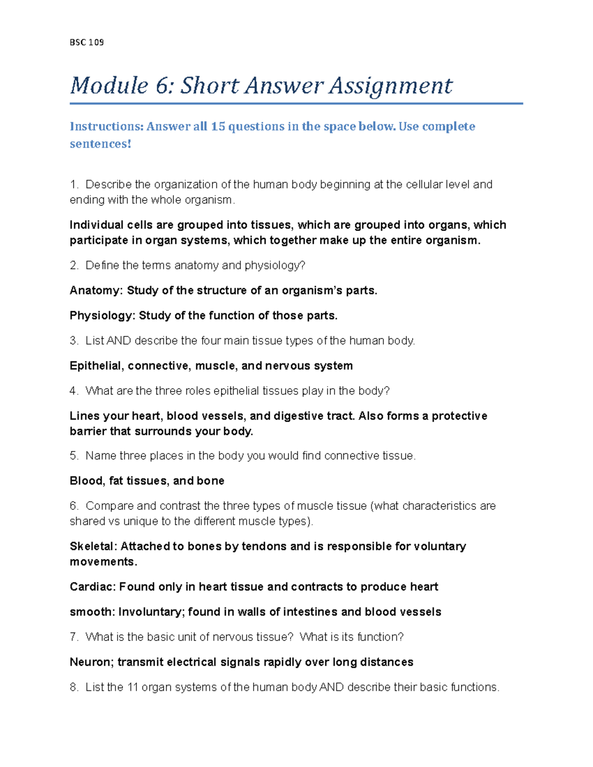 Mod6 Short Answer Assignment for BSC 109: Human Body Overview - Studocu