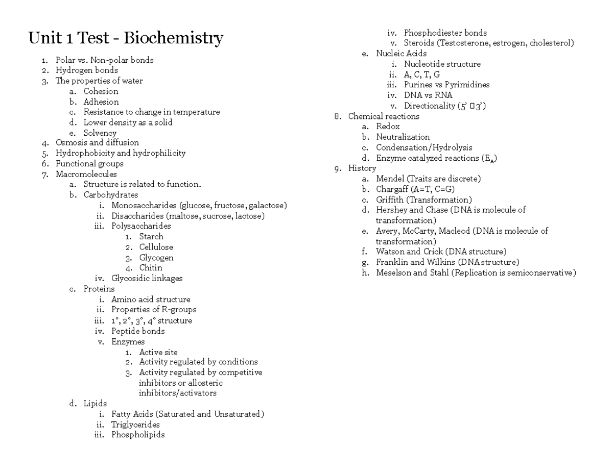 Biochemistry Unit 1 Test Review Notes: Key Concepts & Terms - Studocu