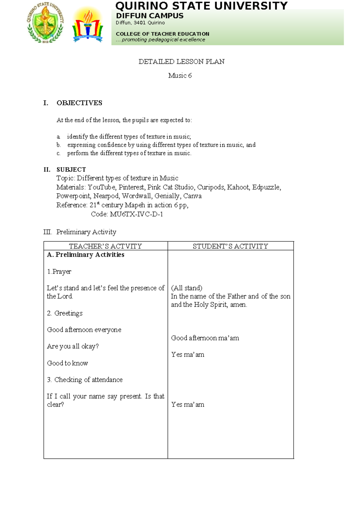 MU6TX-IVC-D- Lesson Plan on Music Textures for Grade 6 - Studocu