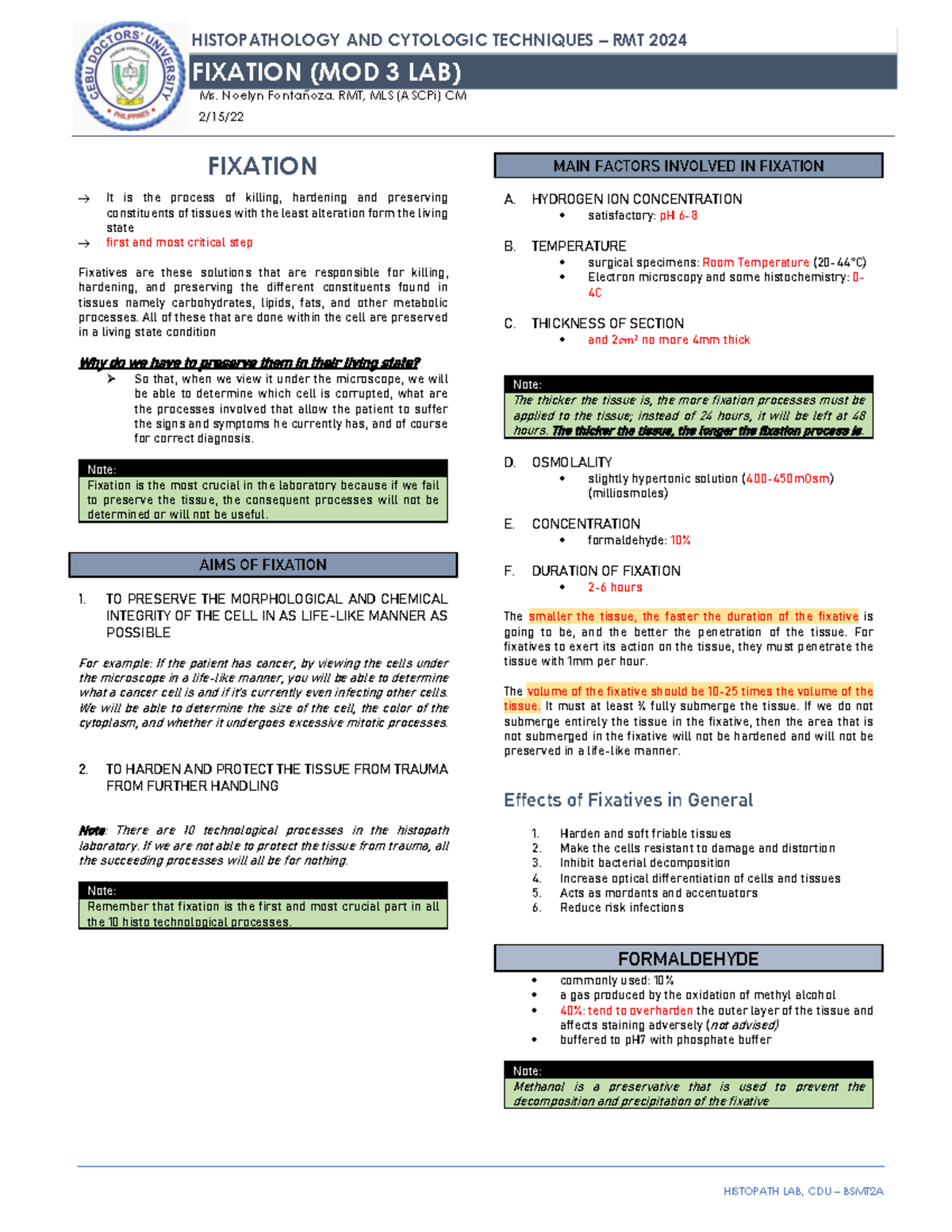 HISTOPATHOLOGY FIXATION TECHNIQUES RMT 2024 MOD 3 LAB NOTES - Studocu