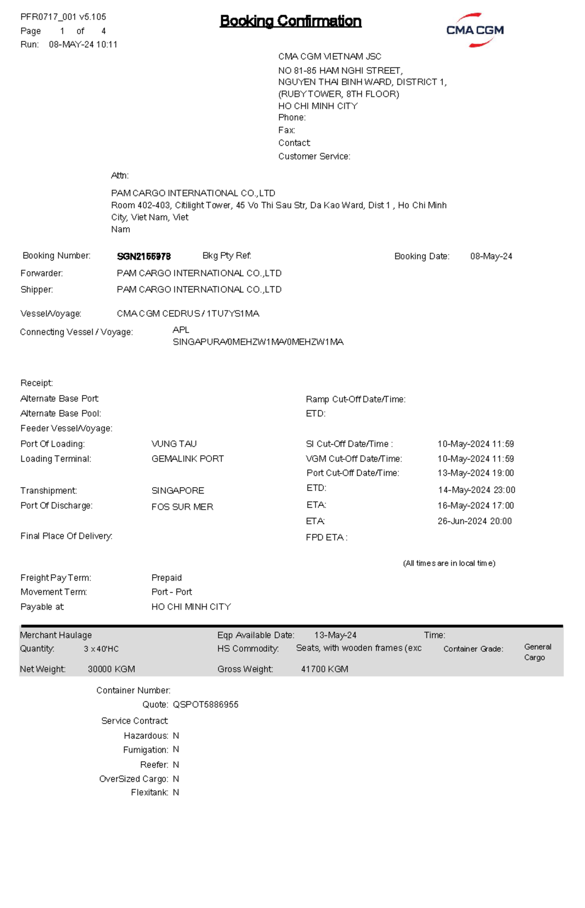 CMA CGM Booking Confirmation SGN2155978 - Details & Instructions - Studocu