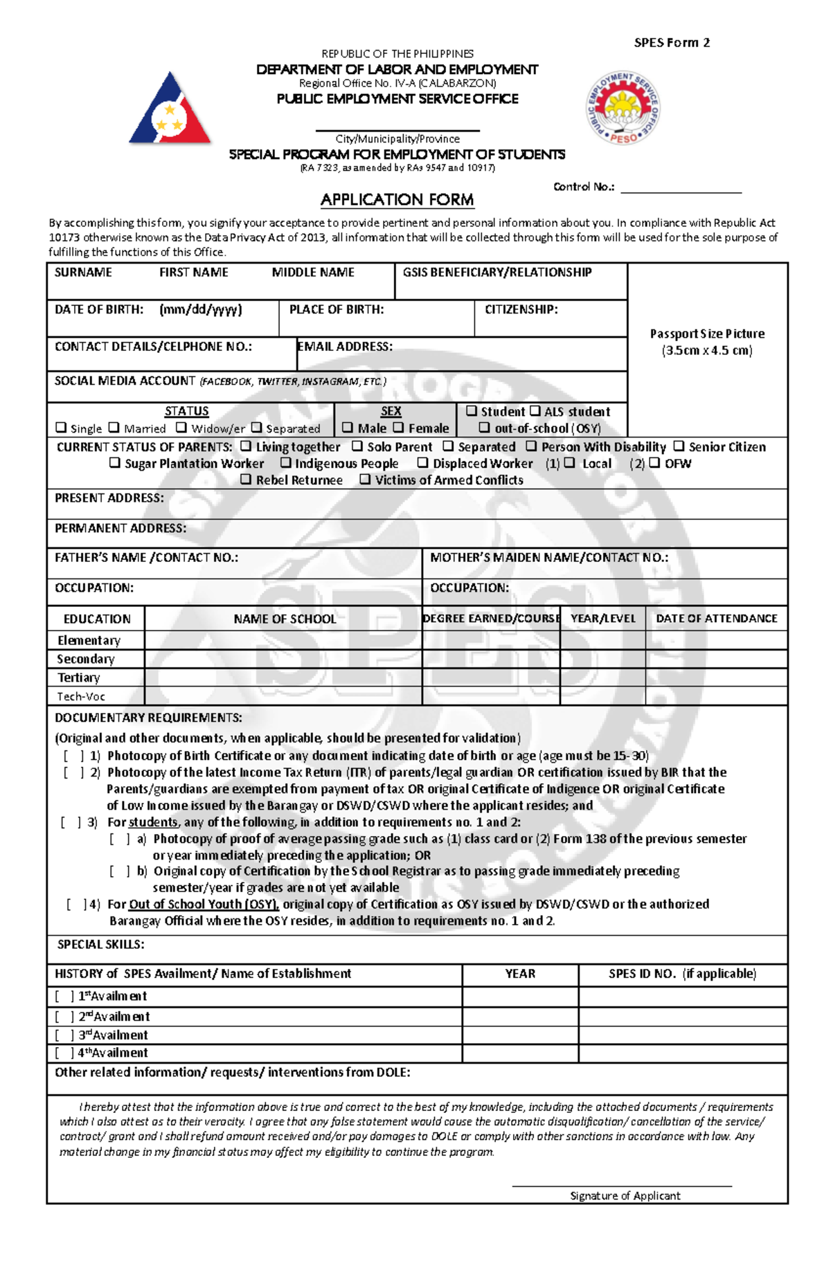 RO 4A SPES Application Form 2 v - REPUBLIC OF THE PHILIPPINES ...