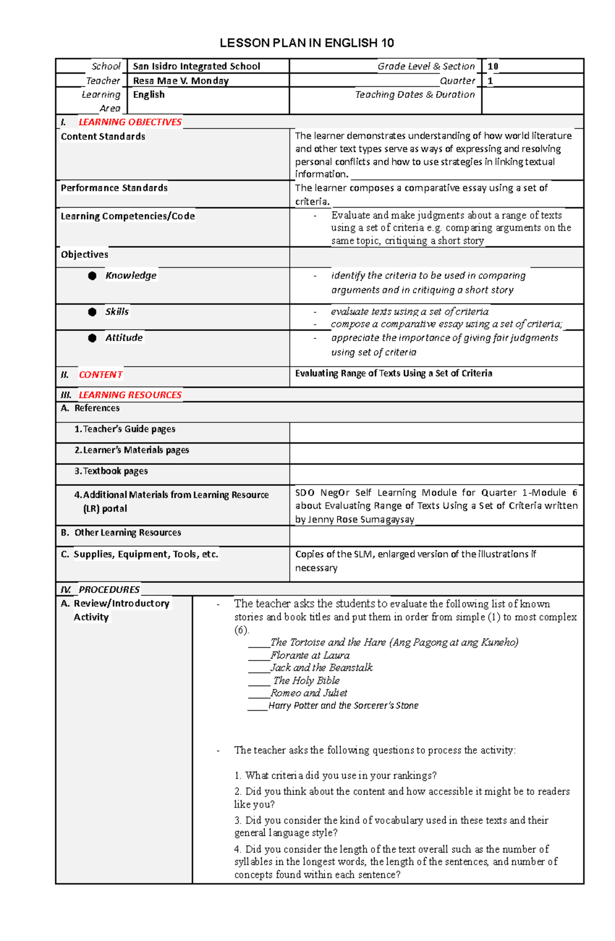ENG10 Q1 Lesson Plan: Evaluating Texts Using Criteria (MELC 6) - Studocu