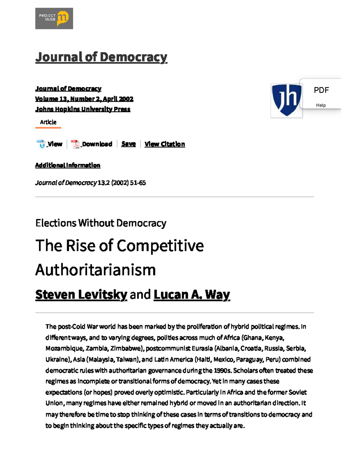 Elections Without Democracy: Analyzing Competitive Authoritarianism ...