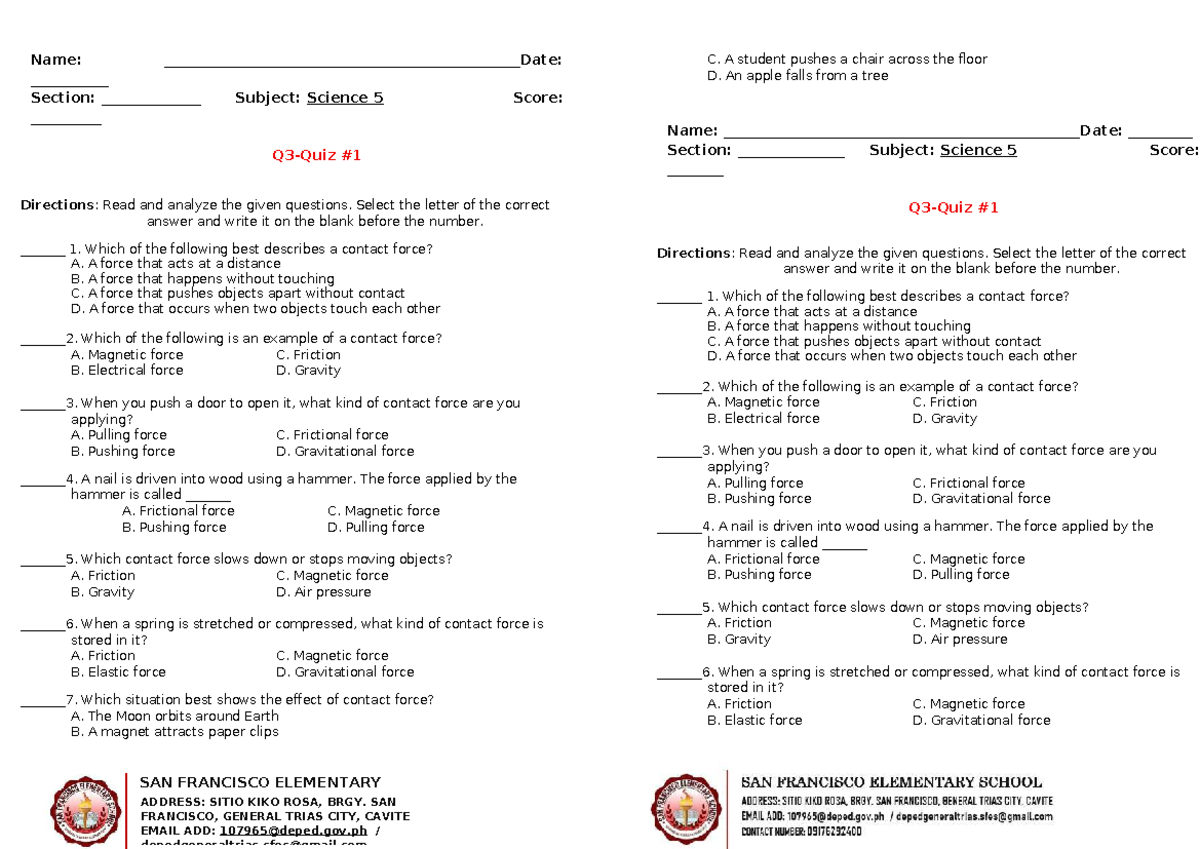 Q3-SCI-QUIZ 1: Understanding Contact Forces and Friction - Studocu
