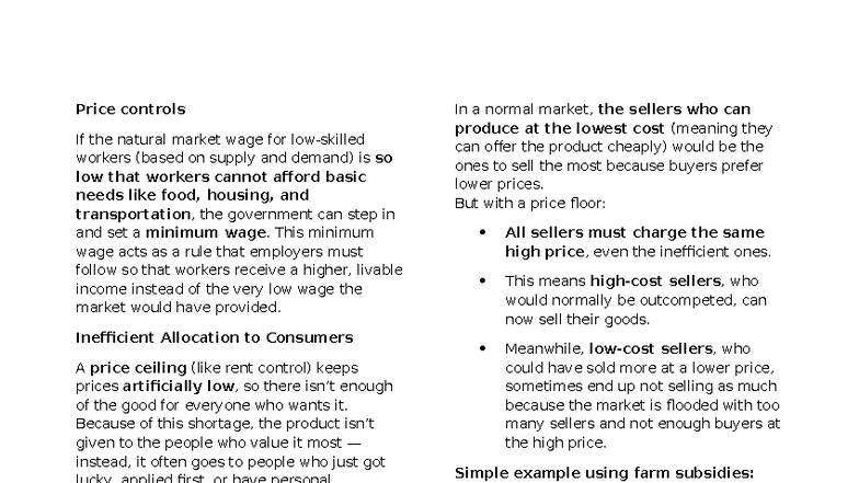 Price Controls: Analyzing Minimum Wage and Price Floors Effects - Studocu