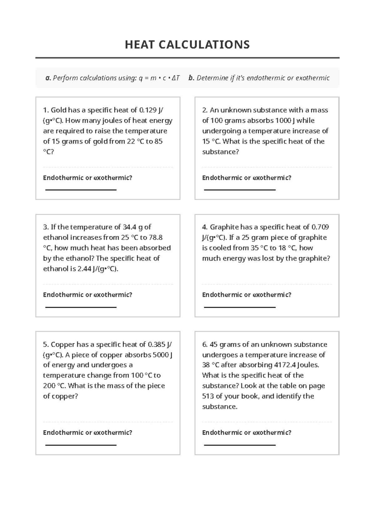 HEAT CALCULATIONS: Specific Heat & Energy Changes Worksheet - Studocu