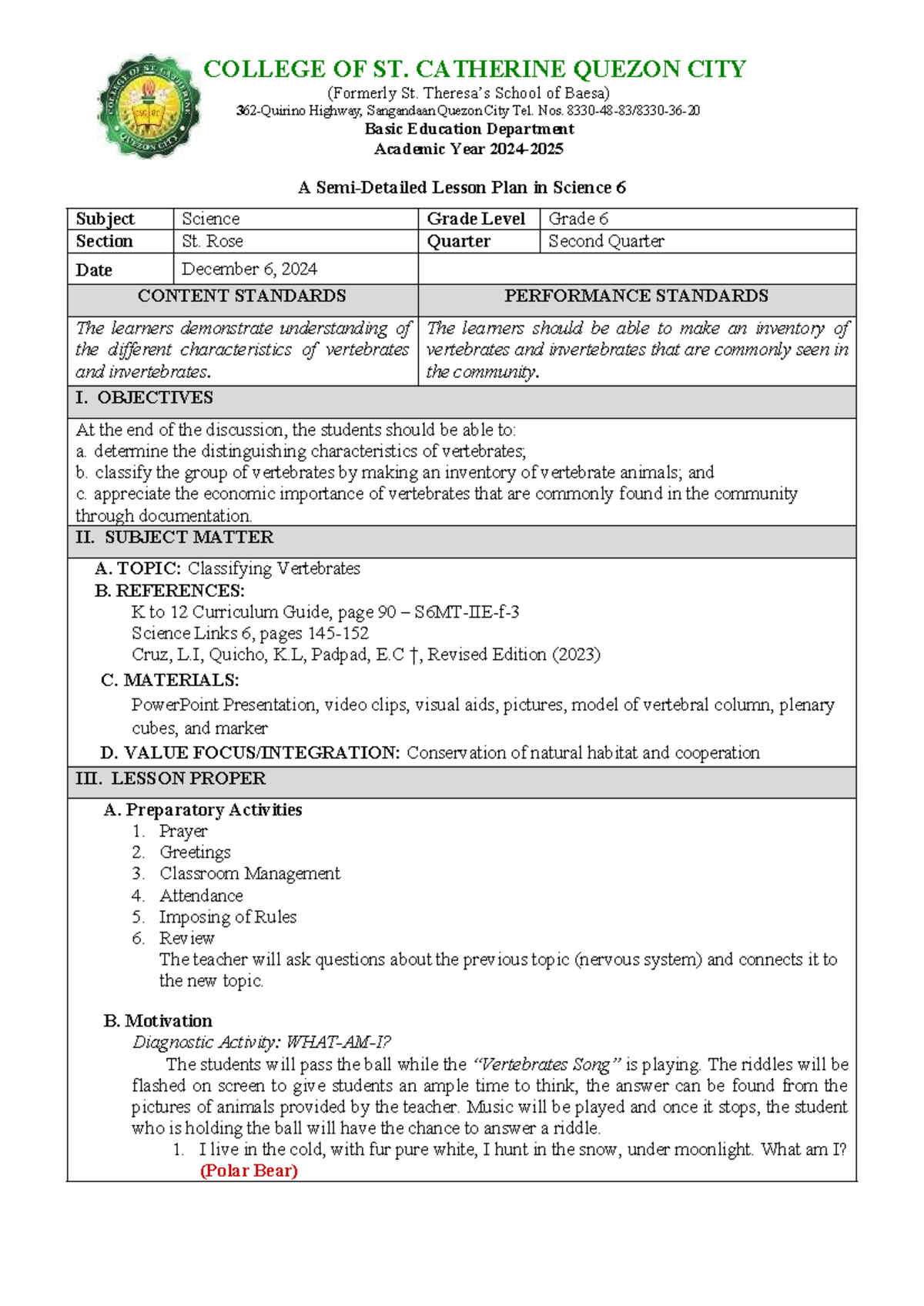 Lesson Plan: Classifying Vertebrates for Science 6 (2nd Quarter) - Studocu