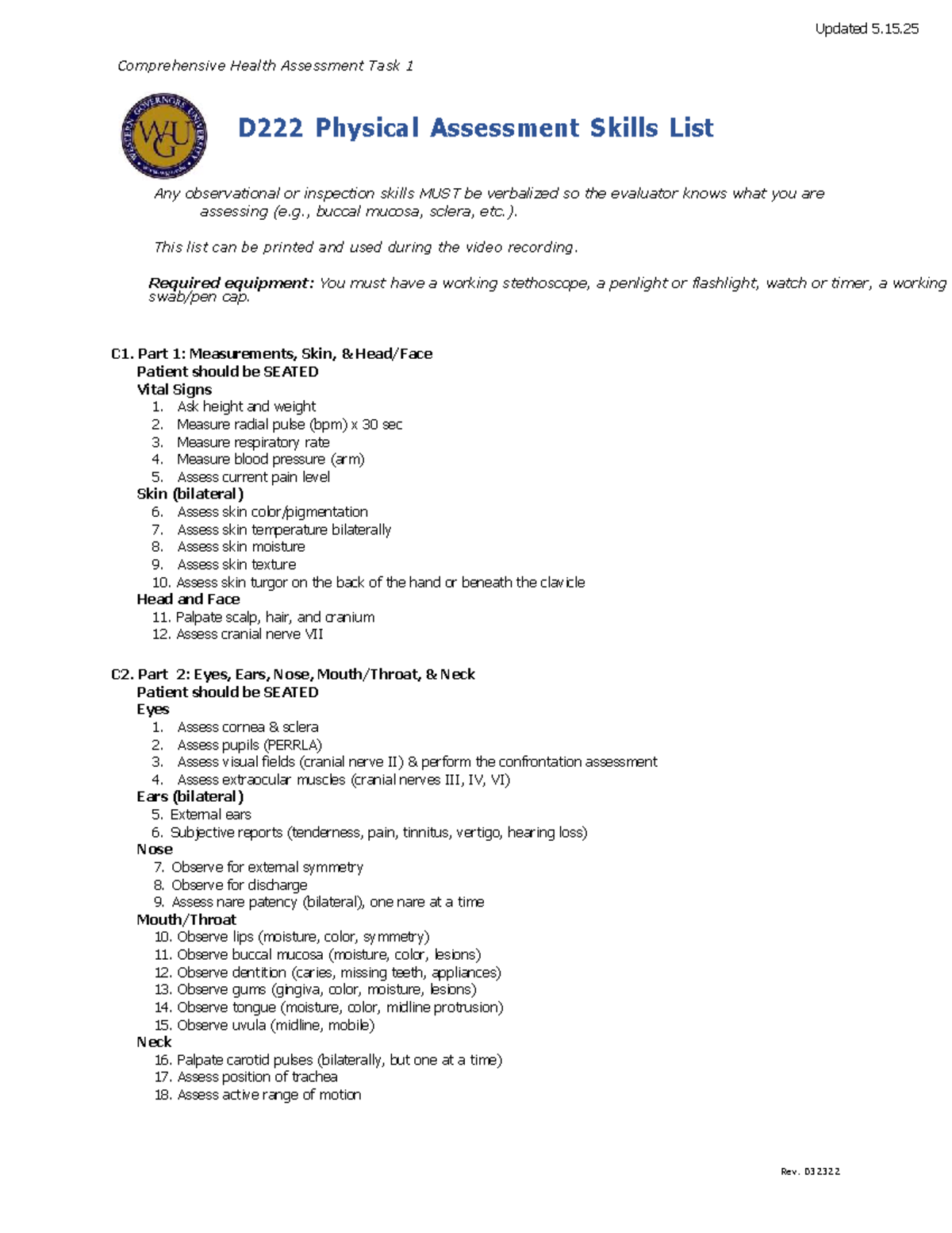D222 Comprehensive Health Assessment Task 1: Physical Assessment Skills ...