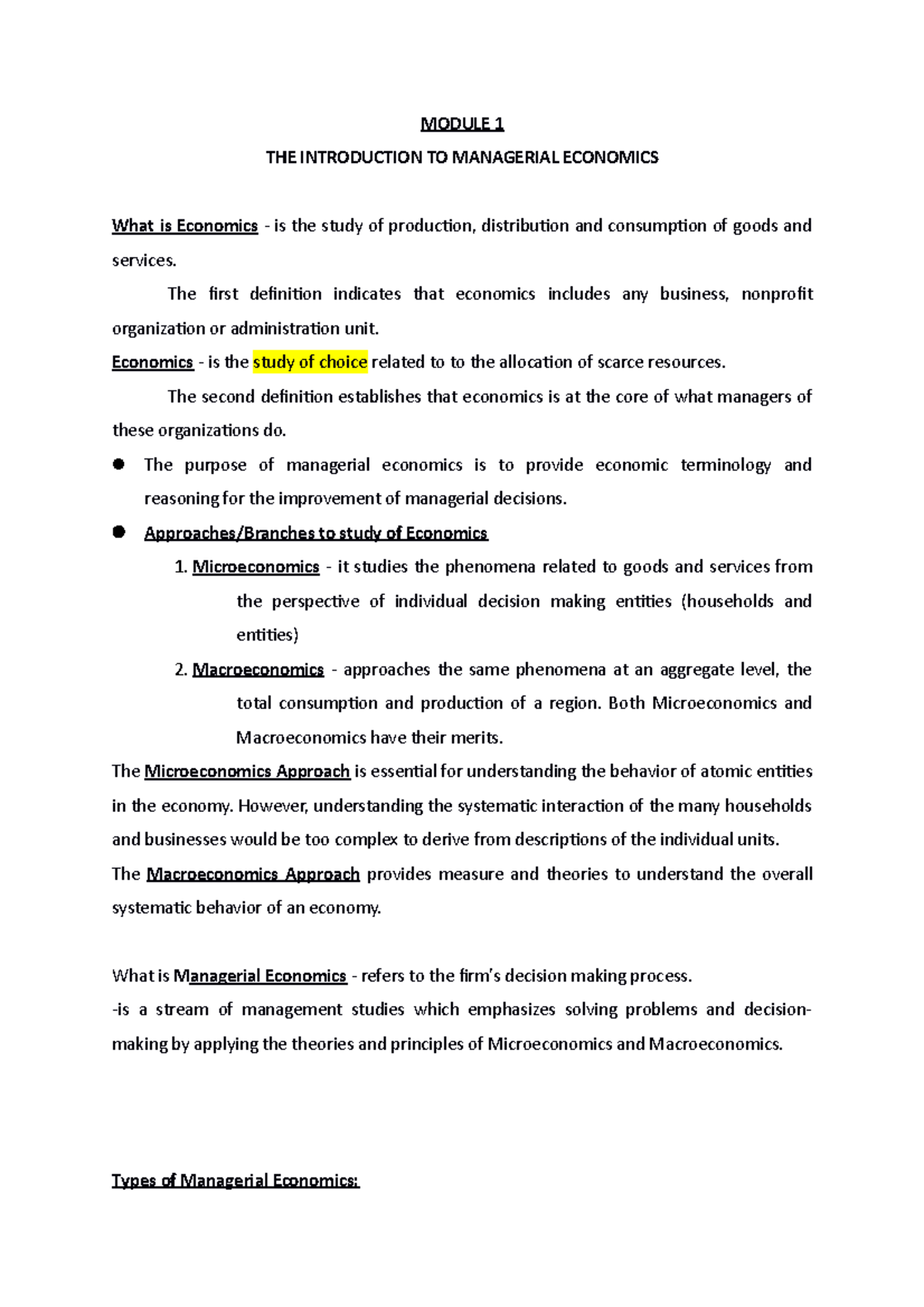 Module 1 - Introduction to Managerial Economics Overview and Principles ...