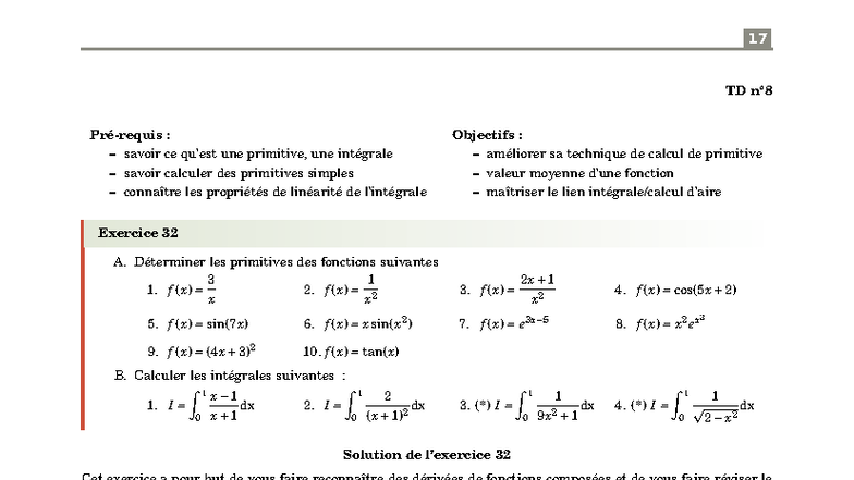 TD 8 Correction : Techniques de Calcul de Primitives et Intégrales ...
