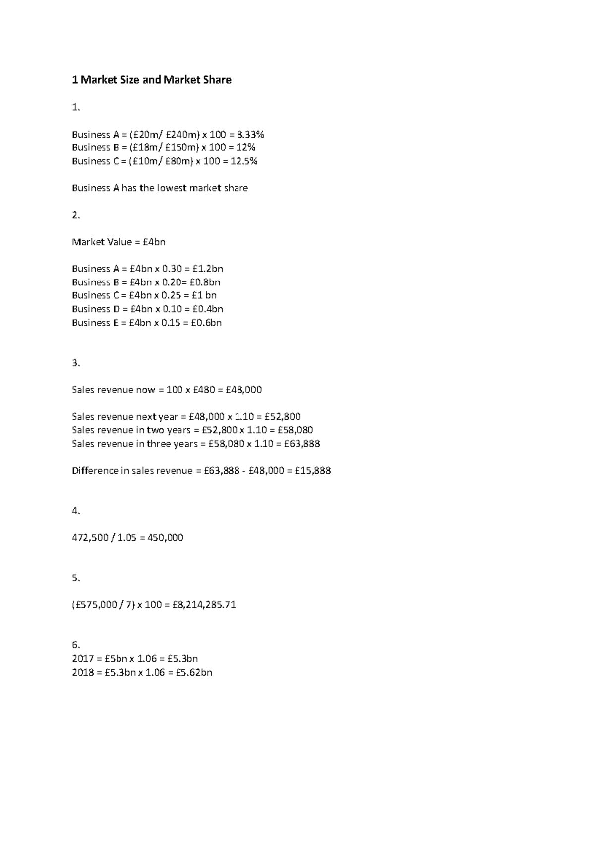 Edexcel Market Size and Share Calculation Practice Answers - Studocu