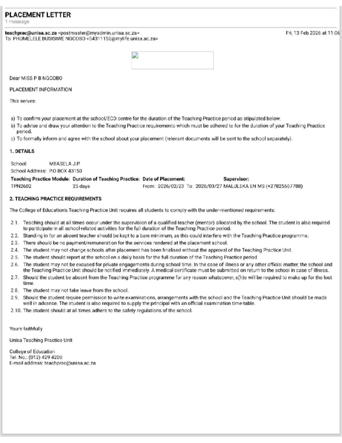 TPN2602 Teaching Practice Placement Confirmation Letter - Studocu