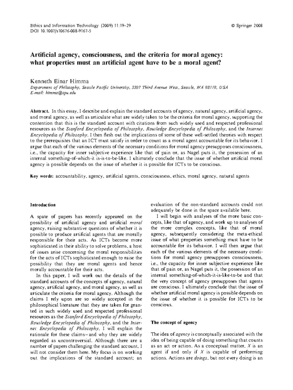 Artificial Agency and Moral Accountability: Exploring Consciousness ...