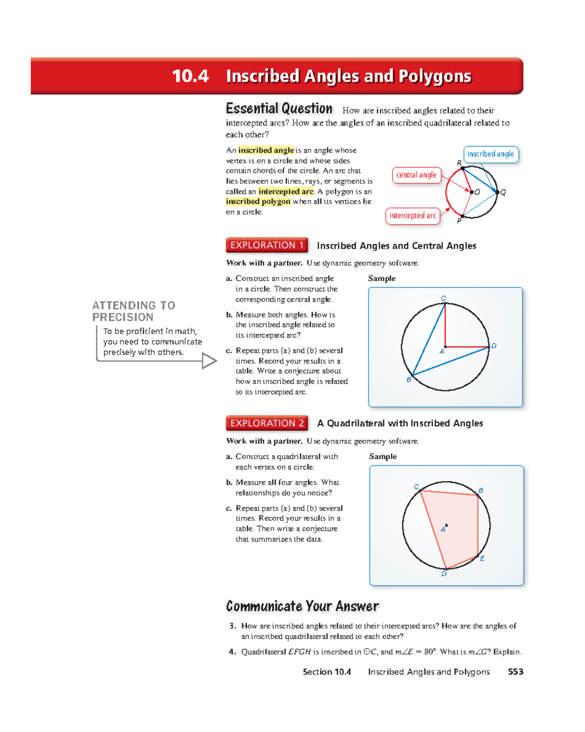 Big Ideas Math: Chapter 10.4 - Inscribed Angles & Polygons Notes - Studocu