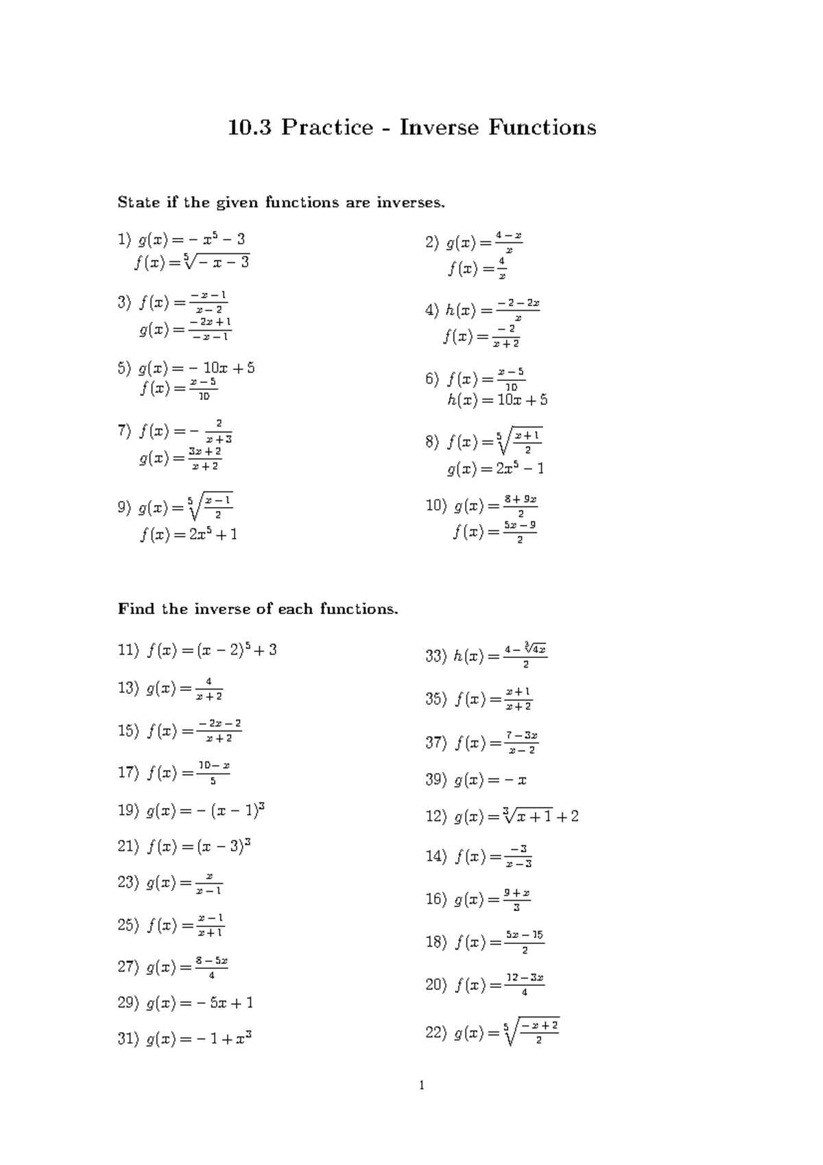 10.3 Inverse Functions Practice - 10 Practice - Inverse Functions State ...