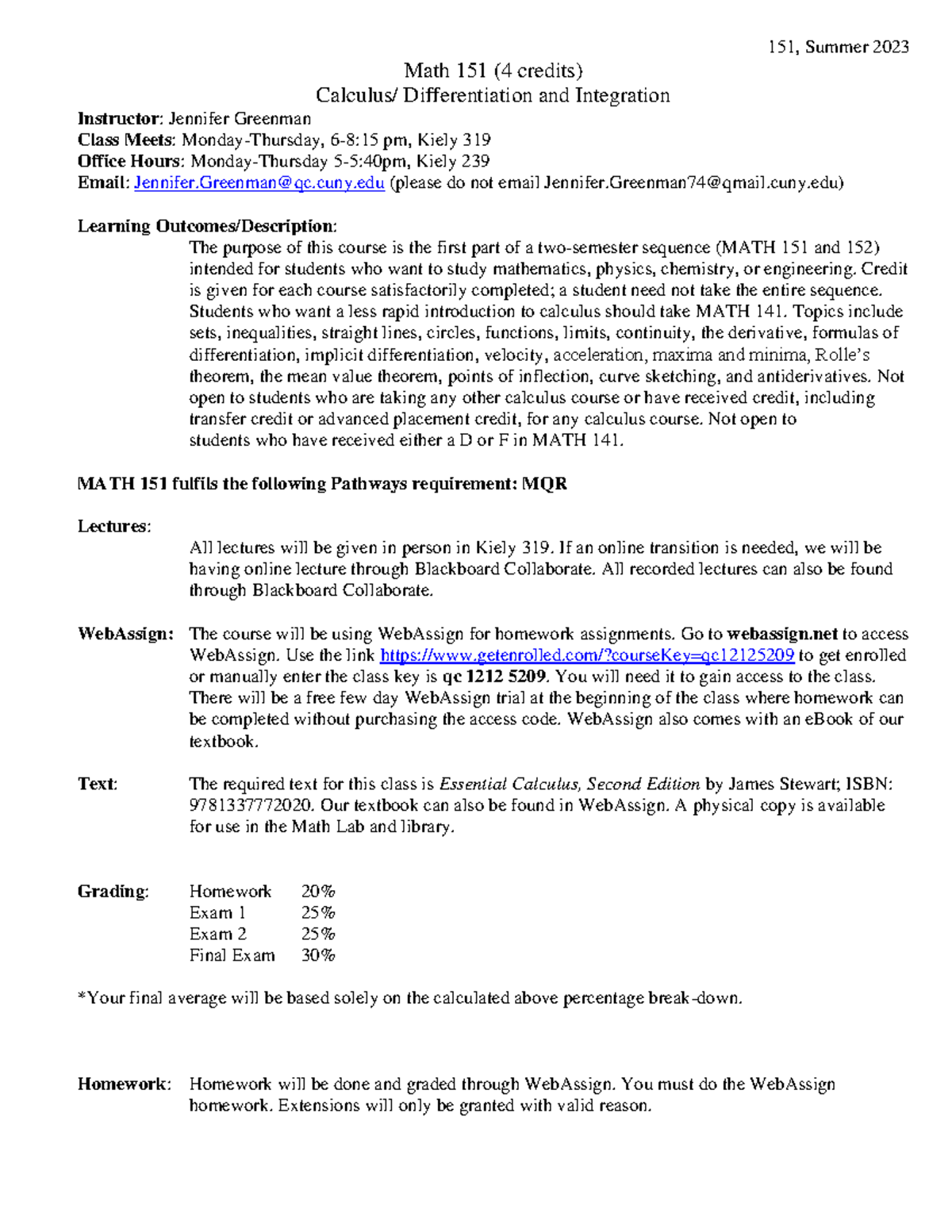 MATH 151: Summer 2023 Differentiation & Integration Course Overview ...