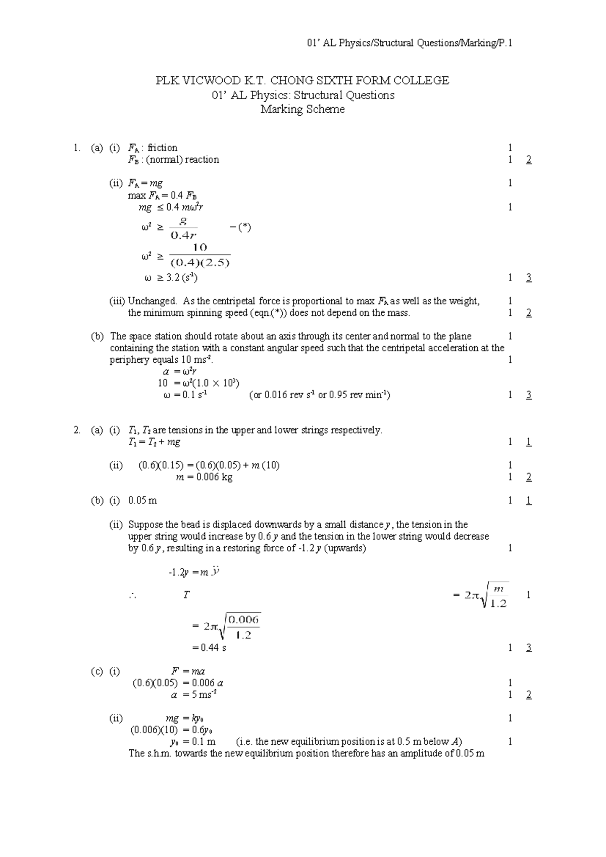 AL Physics: Structural Questions Marking Scheme (01STRUCT) - Studocu