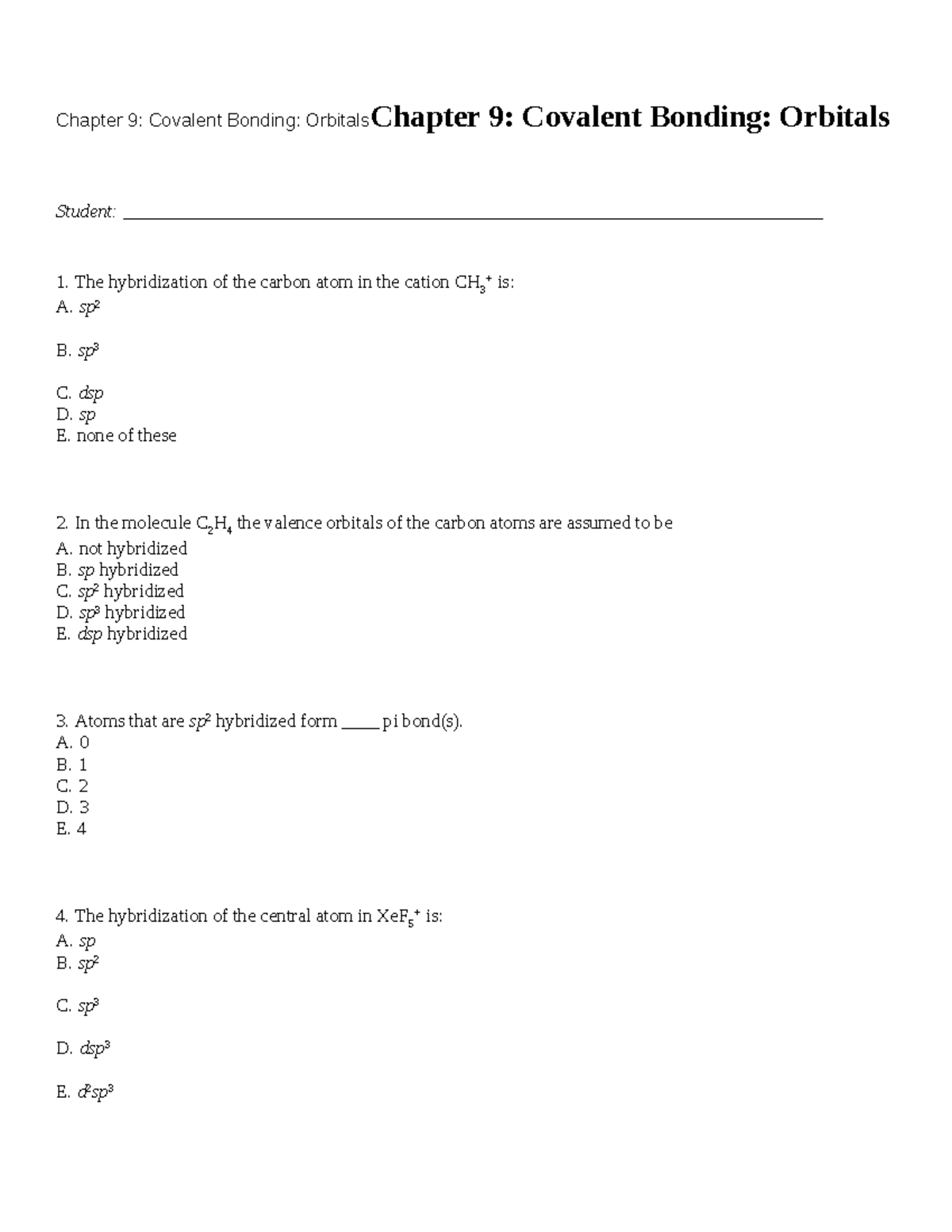 Hybridization Exercises for Chapter 9: Covalent Bonding Concepts - Studocu