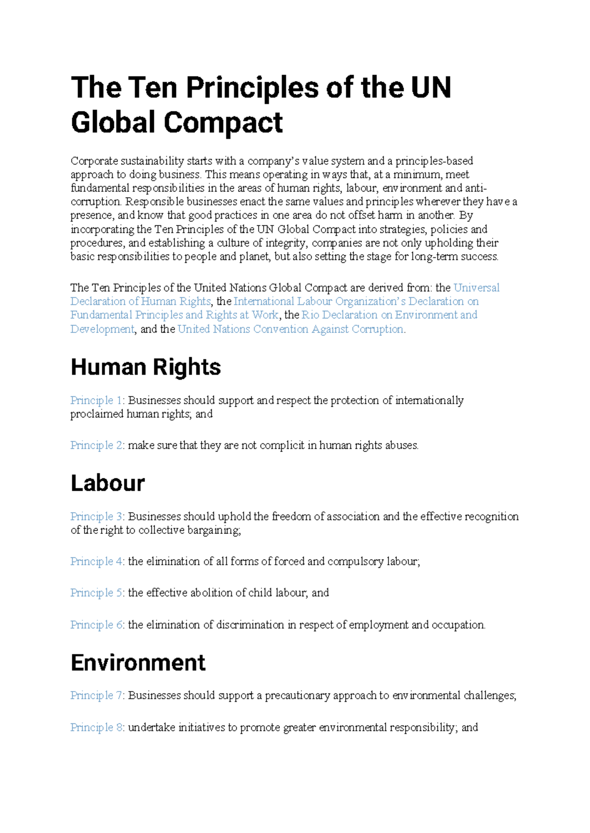 UN Global Compact: Understanding the Ten Principles for Business Ethics - Studeersnel