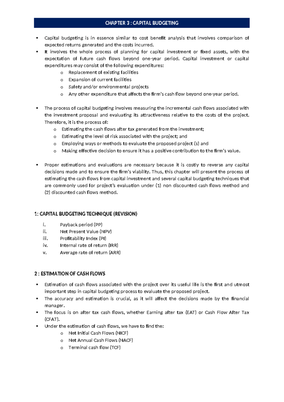 Chapter 3 - Capital Budgeting - Capital budgeting is in essence similar ...