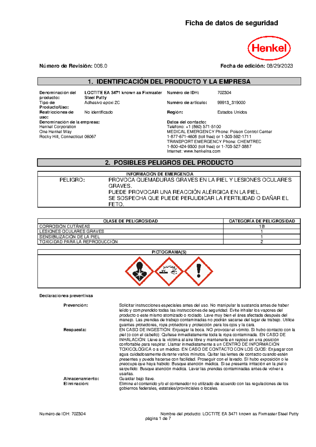 Ficha de Seguridad del Producto: LOCTITE EA 3471 Fixmaster - Studocu