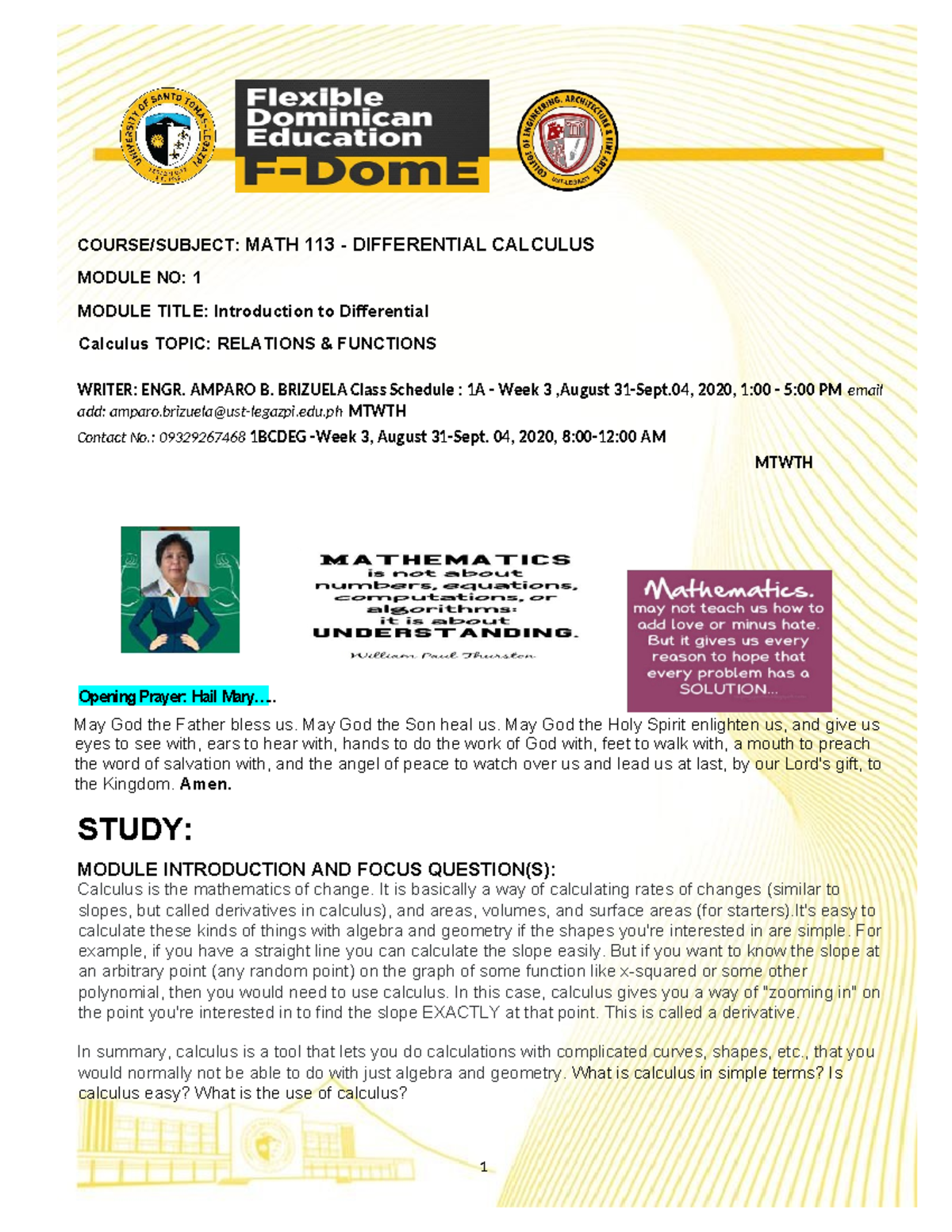 MATH 113 Module 1: Introduction to Differential Calculus - Prelim Term ...