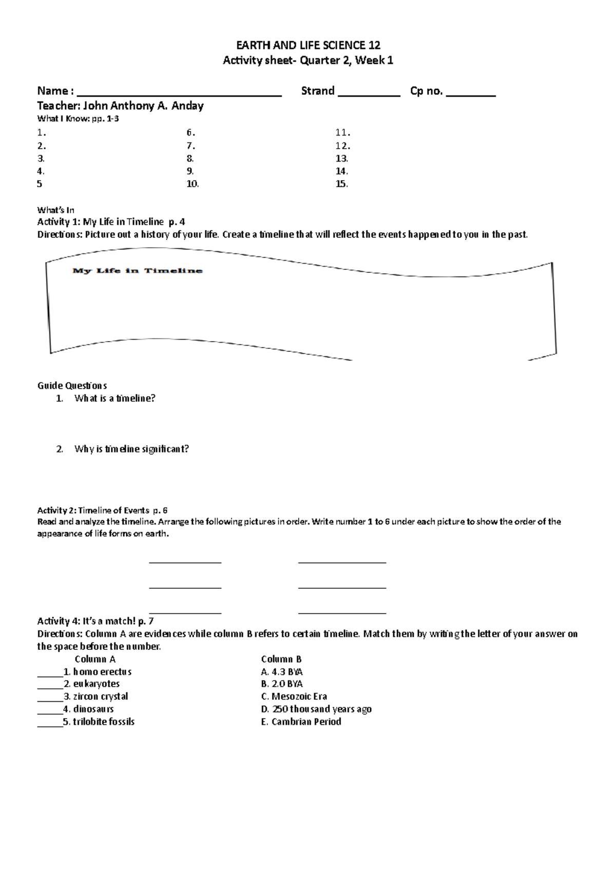 Earth AND LIFE Science 12 Answer Sheet Q2 W1 - EARTH AND LIFE SCIENCE ...