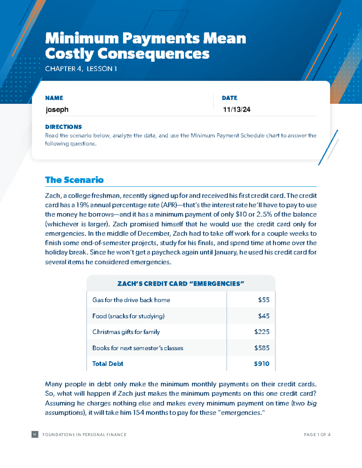 Chapter 4 lesson 1 - assignment for personal finance - Minimum Payments ...