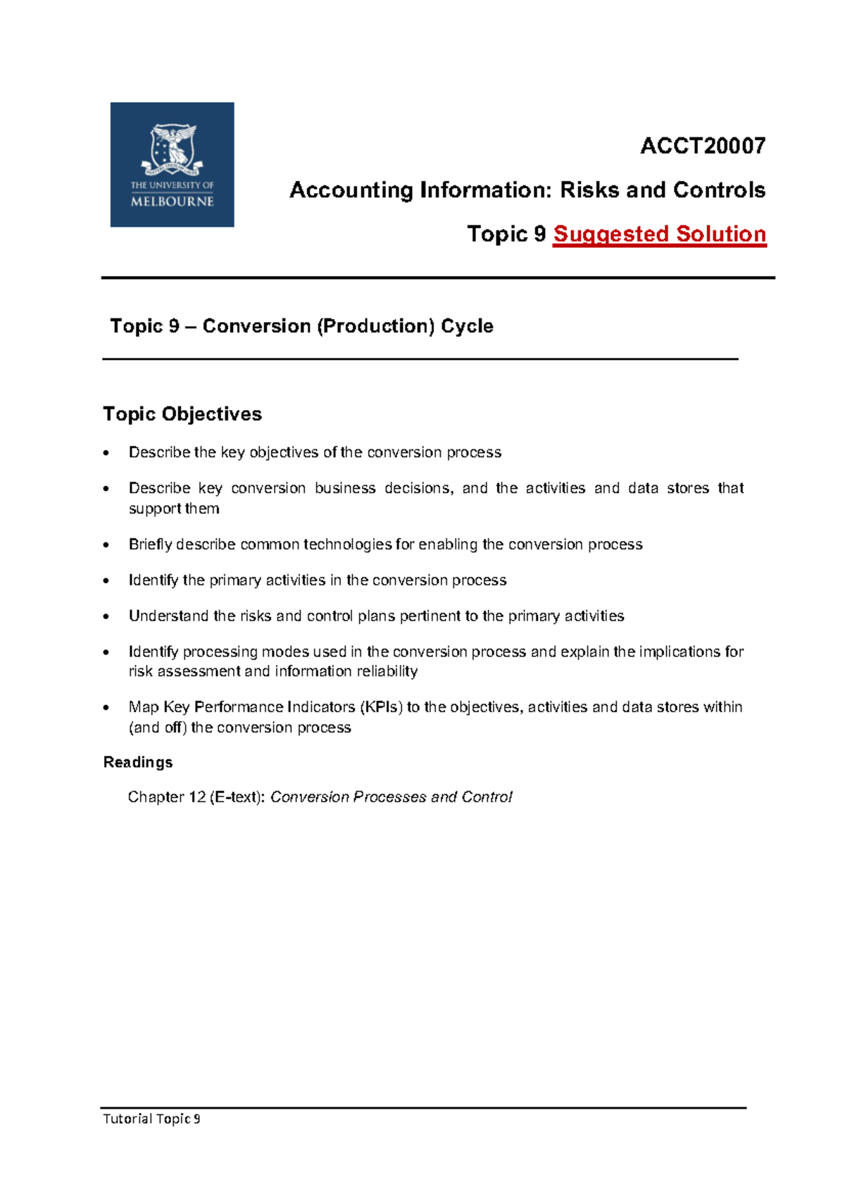 ACCT20007 - Tutorial Topic 9: Production Cycle Solutions & Controls ...