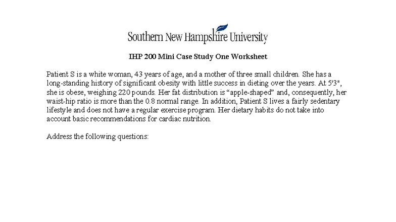 IHP 200 Mini Case Study: Addressing Obesity in Patient S - Studocu