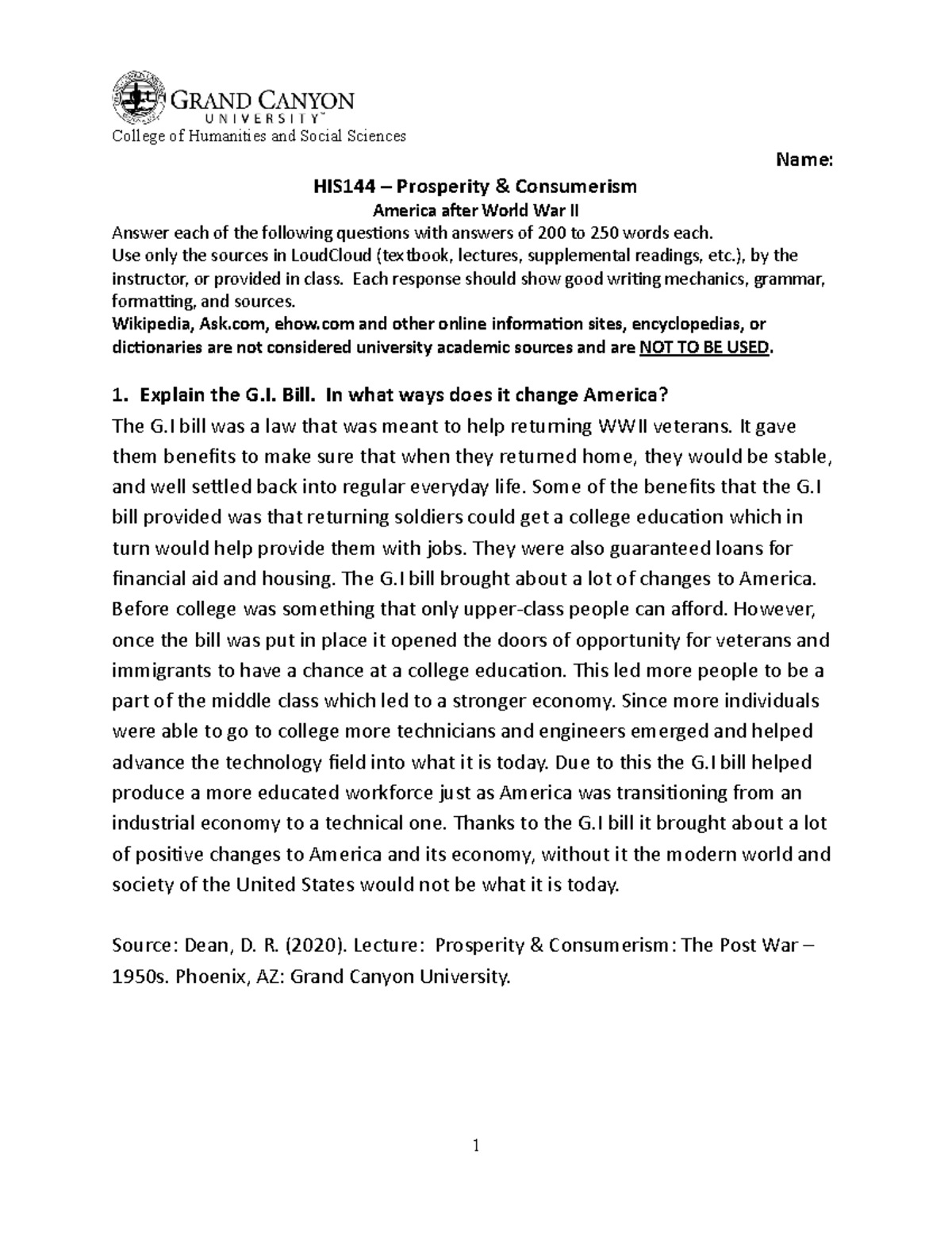 American After WWII Worksheet - College of Humanities and Social ...