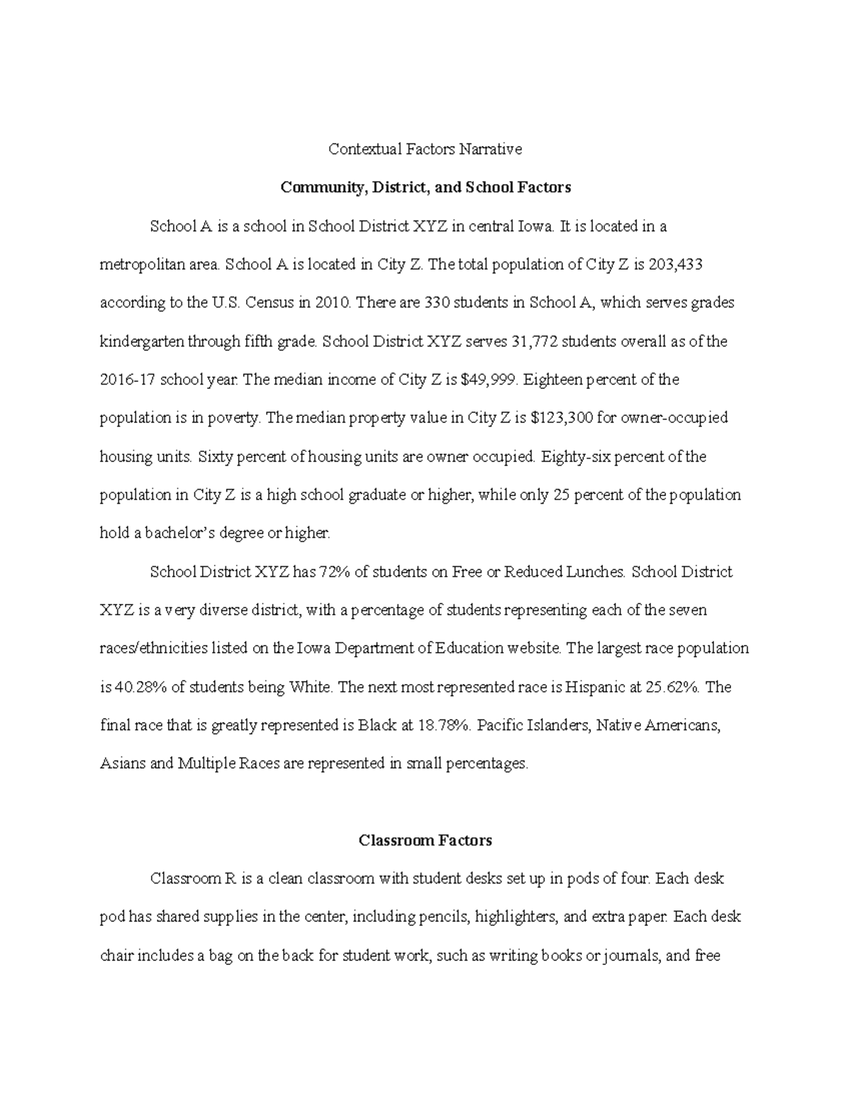 Contextual Factors Narrative: School A in District XYZ Analysis - Studocu