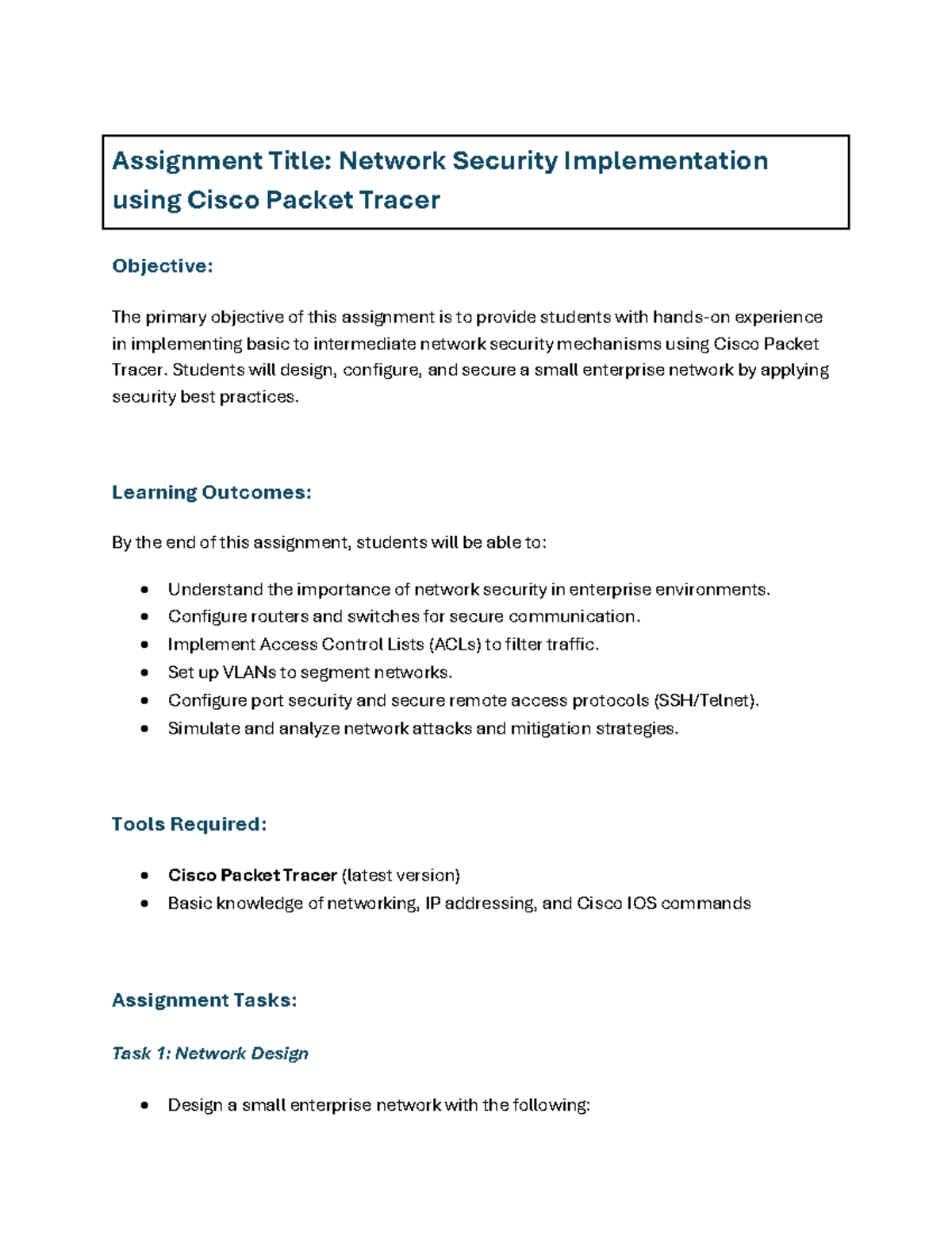 Network Security Implementation Assignment: Cisco Packet Tracer - Studocu