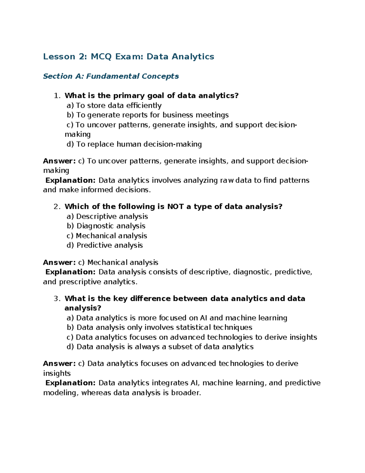 Lesson 2 MCQ Exam Data Analytics - Lesson 2: MCQ Exam: Data Analytics ...