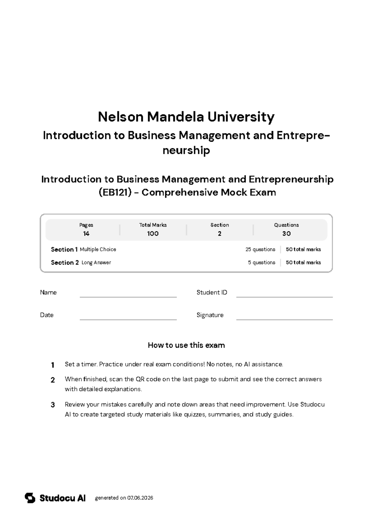 EB121 - Comprehensive Mock Exam on Business Management - Studocu