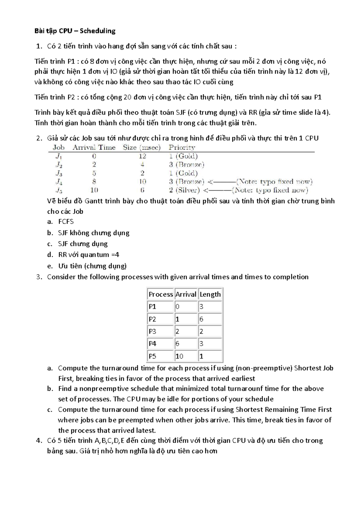 Bài tập CPU Scheduling - BT Scheduling OS (SJF, RR, FCFS, Priority ...