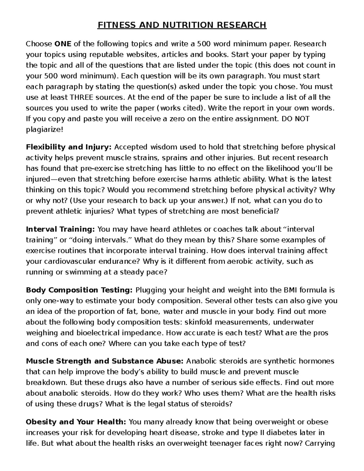 FIT 101: Research Paper on Fitness and Nutrition Topics - Studocu