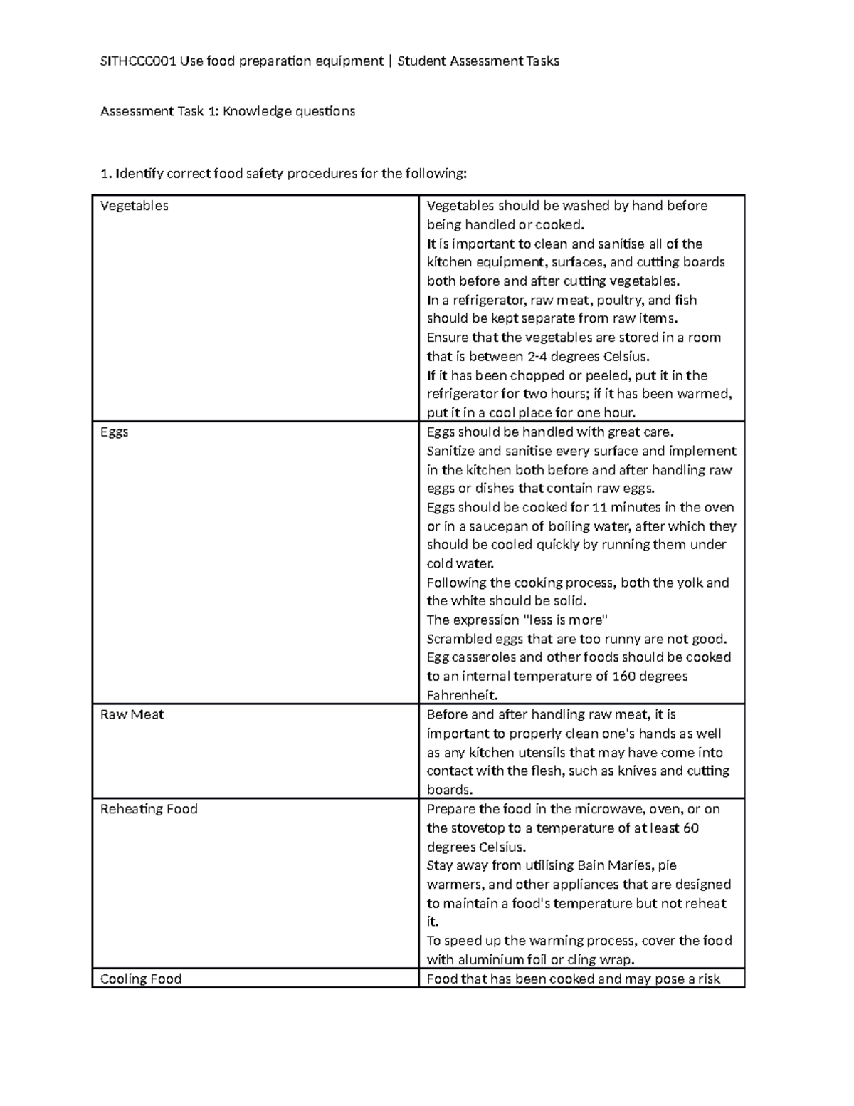Assessment Task 1 Sithccc 001 - Assessment Task 1: Knowledge questions ...