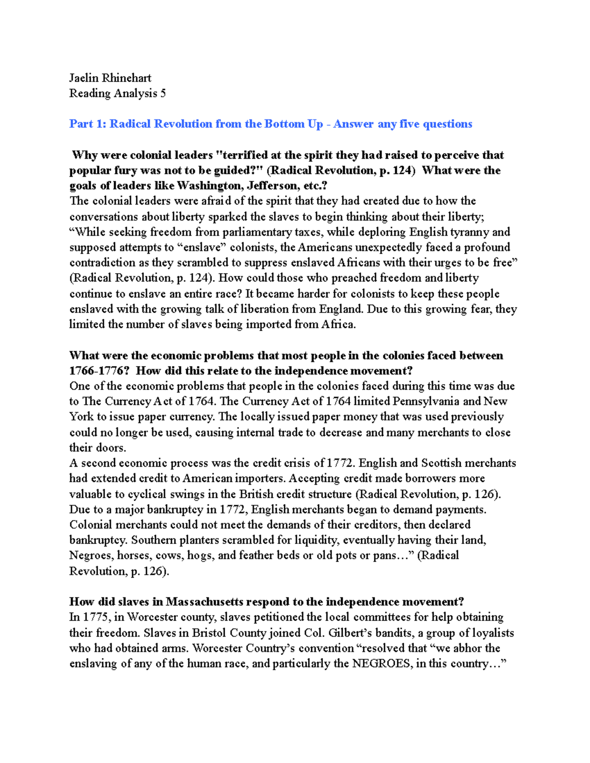 Reading Analysis 5: Radical Revolution's Influence on Independence ...